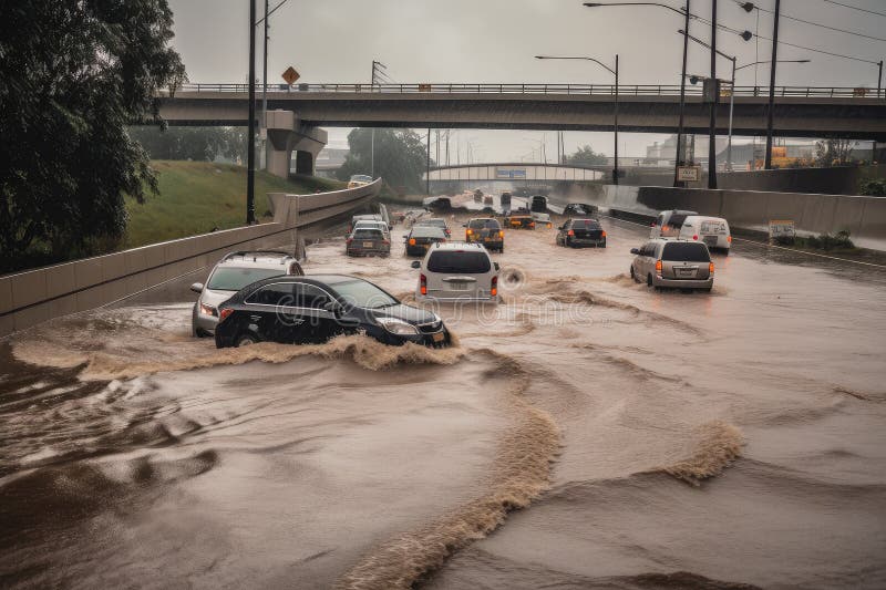Flash Flood Rushing Over Bridge, with Cars and People in Its Path Stock ...
