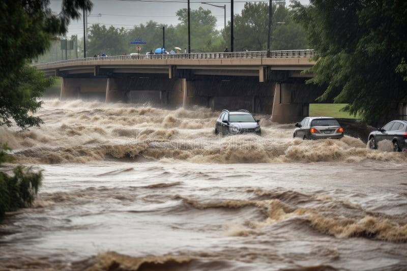 Flash Flood Rushing Over Bridge, with Cars and People in Its Path Stock ...