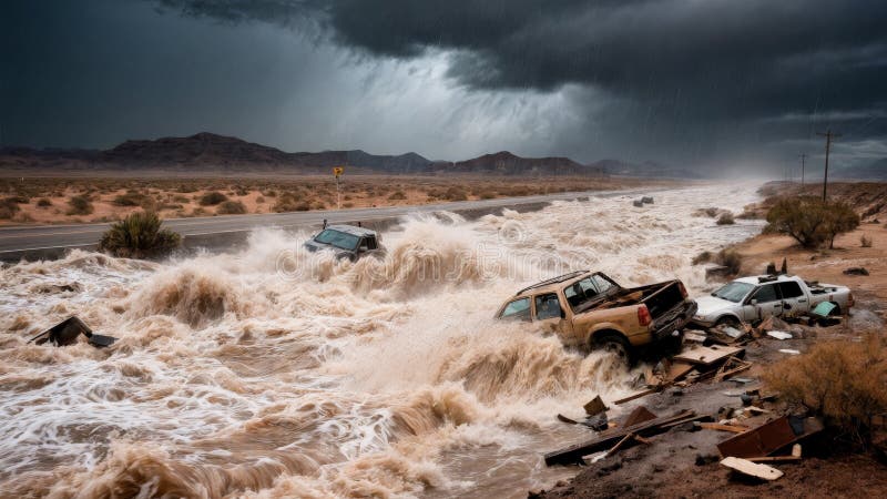 Flash Flood Submerging Desert Road Under Sudden Rainfall Stock ...