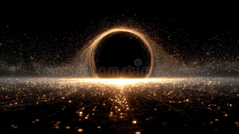 Flash of Light, Gold Particles, Tunnel Ring, Empty Black Space in the ...