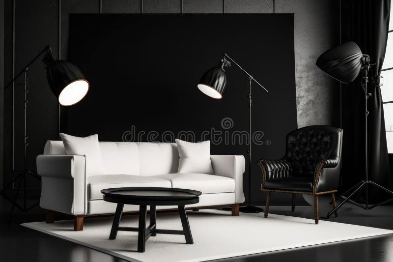 Flash Light Soft Sofa with a Table Preparation for a Photo Shoot in the ...
