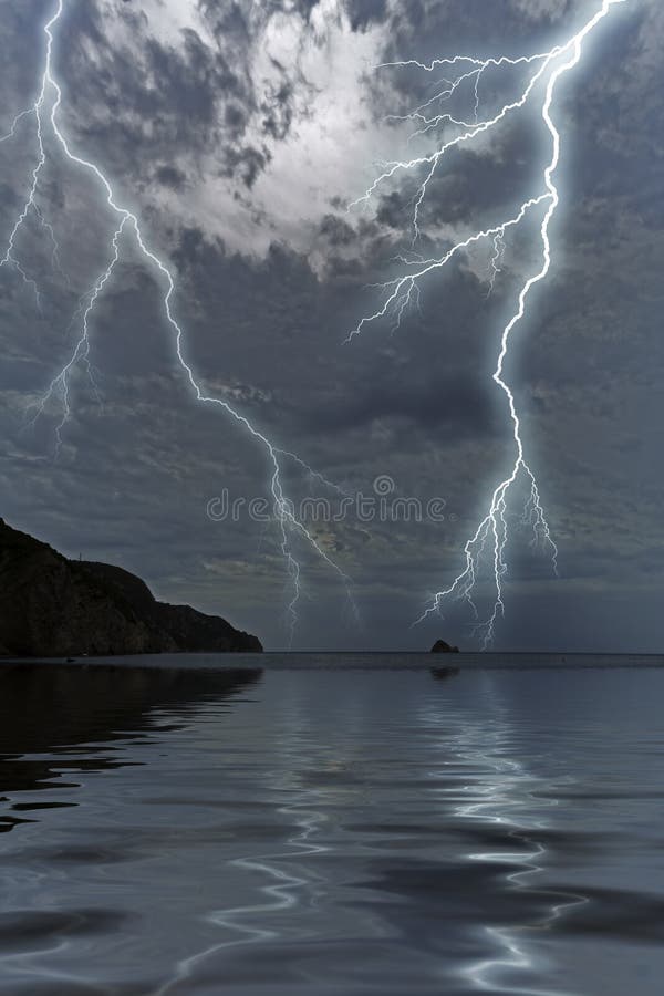 Flash Lightning Over the Ocean Stock Illustration - Illustration of ...