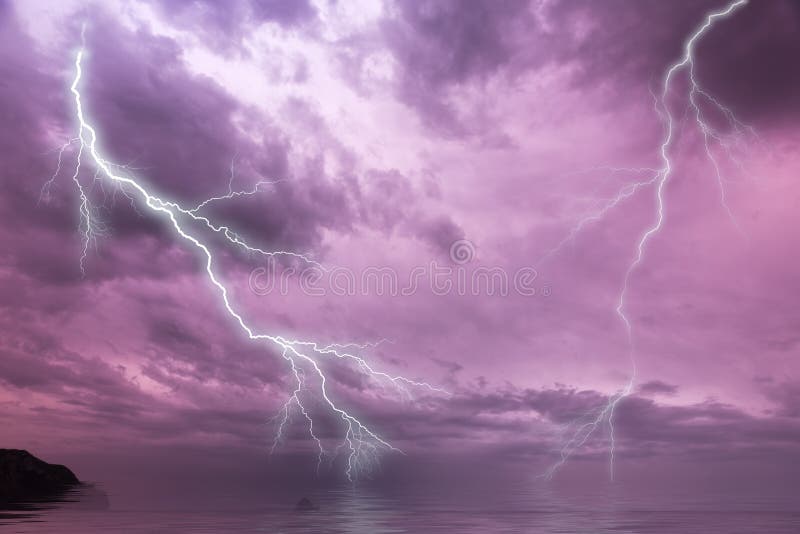 Flash Lightning Over the Ocean Stock Illustration - Illustration of ...