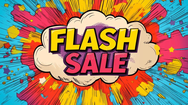 Flash Sale Text on White Cloud with Pop Art Comic Burst Background, Vibrant Yellow and Red Rays ...