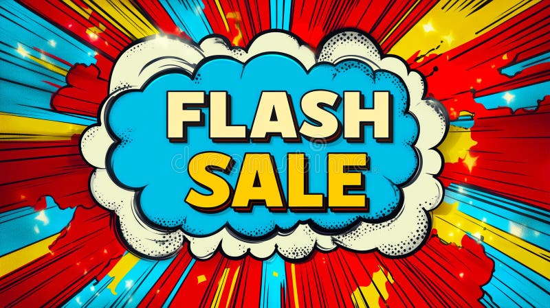 Flash Sale Text on White Cloud with Pop Art Comic Burst Background, Vibrant Yellow and Red Rays ...