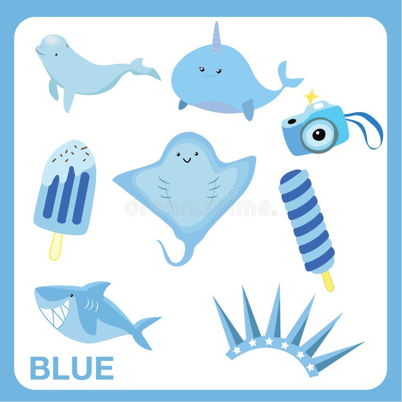 Set of Blue Color Objects. Primary Colours Flashcard with Blue Elements ...