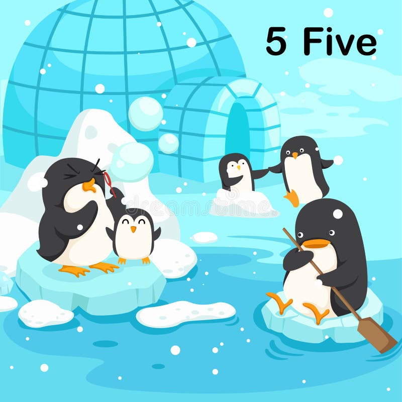 Flashcard Number Five with 5 Penguin Learning for Kid Stock Vector ...