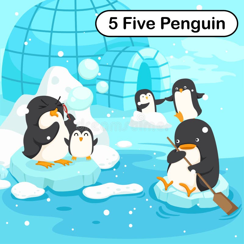 Flashcard Number Five with 5 Penguin Learning for Kid Stock Vector ...
