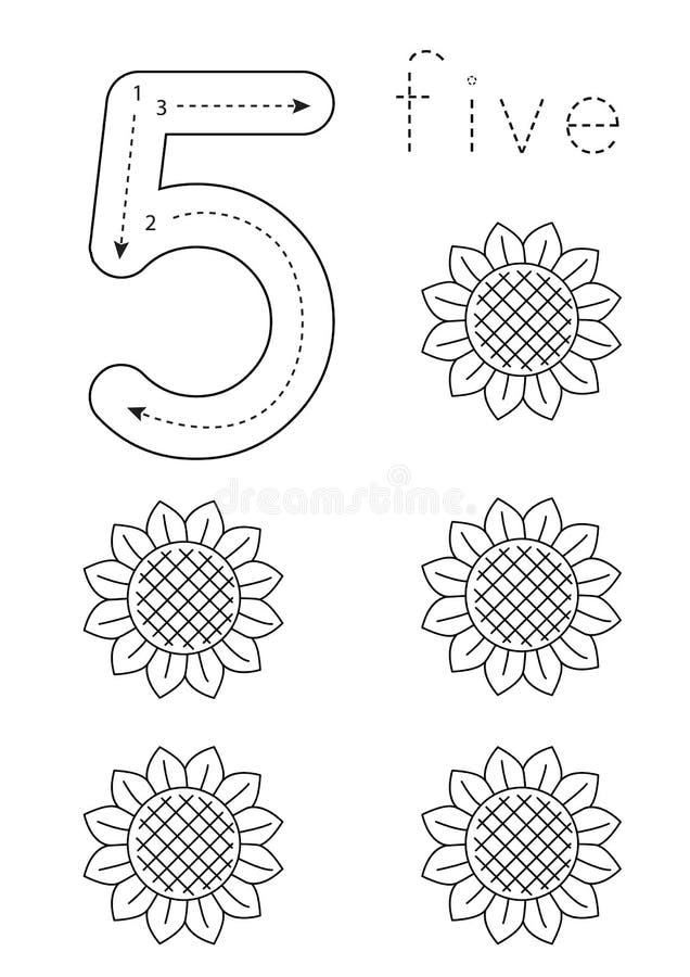 Flashcard Number 5. Preschool Worksheet. Black and White Sunflowers ...