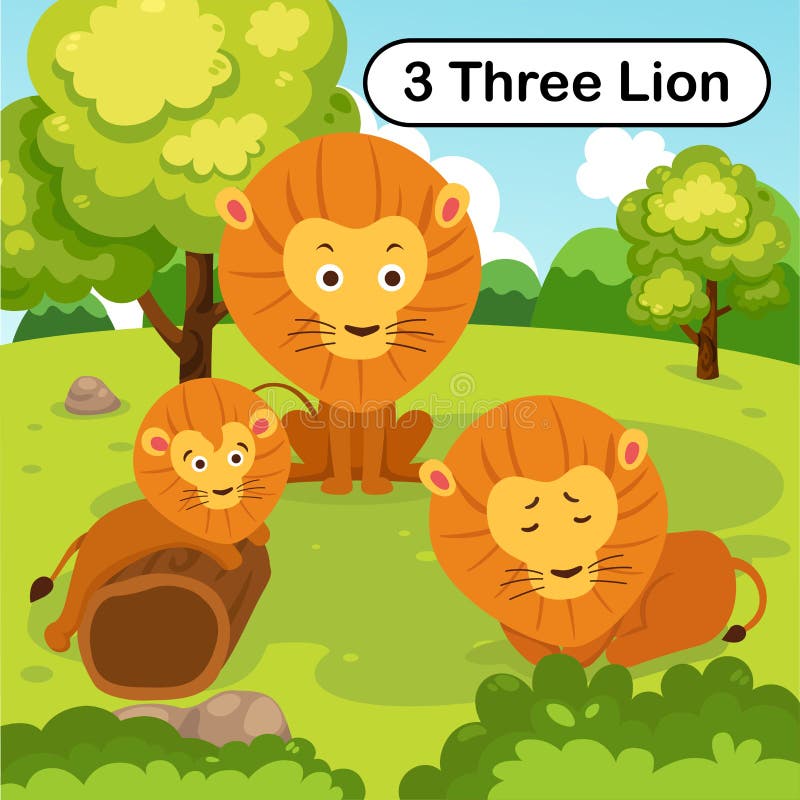 Flashcard Number Three with 3 Lion Learning for Kid Stock Vector ...