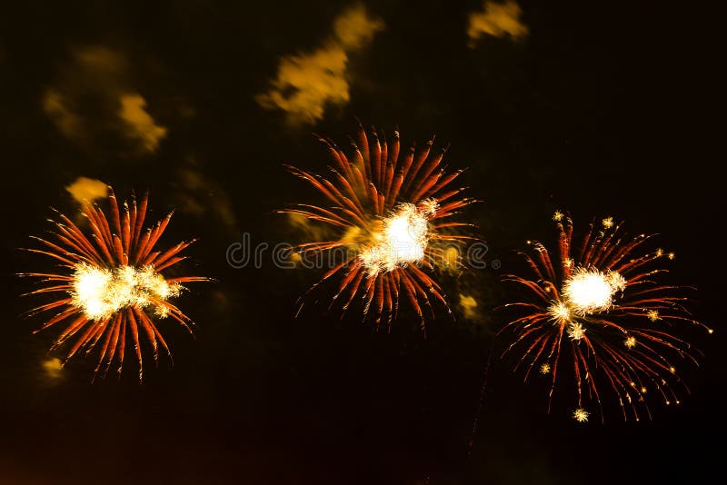 Flashes of Bright Golden Firework Colors on the Black Night Sky. Stock ...