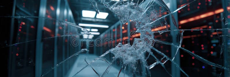 Flashing Alert Lights in a Data Center Behind Broken Glass Panel in an ...