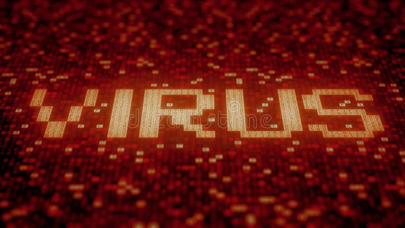 Flashing Hexadecimal Symbols on a Red Computer Screen Compose VIRUS Word. 3D Rendering Stock ...