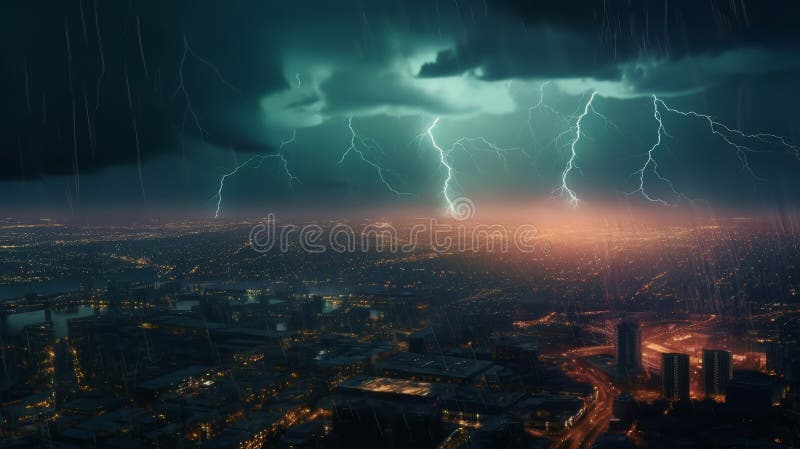 Flashing Lights in a Rainy City Night with Striking Lightning ...