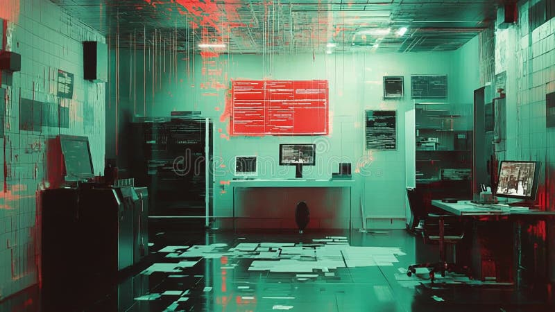 System Failure Alert Flashing on Computer Screen in Deserted Office ...