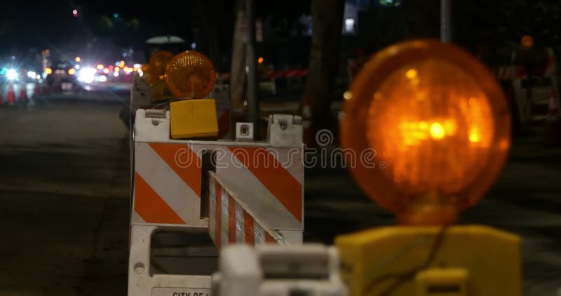 Flashing Warning Lights in a Construction Zone at Night Stock Video ...