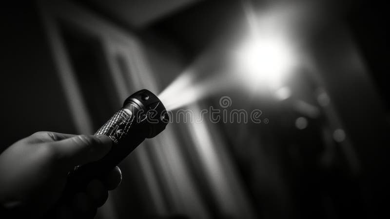 Flashlight Beam Illuminating Distant Silhouette in Dark Interior Stock ...