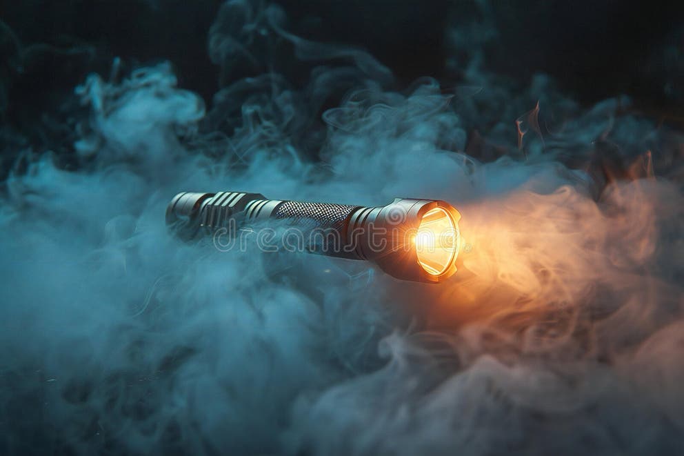A Flashlight Beam Shining through Thick White Smoke on Black Background ...