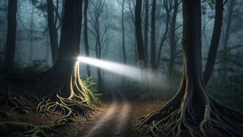 Flashlight Beam Sweeps Along Forest Path Where Fog Clings Low between ...