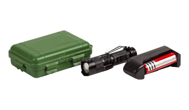 Flashlight with Case, Battery and Charger Stock Image - Image of bright ...