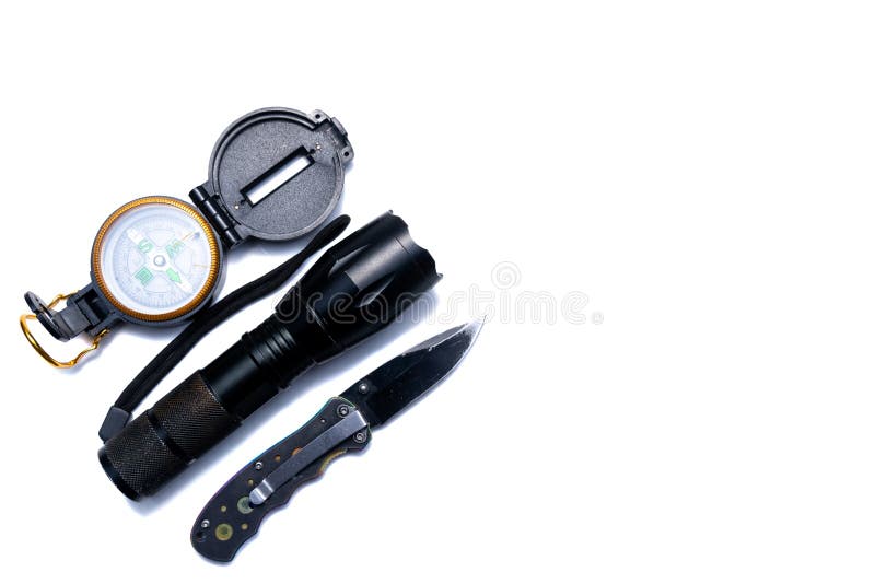 Flashlight, Compass, Knife, Hiking Tools Stock Image - Image of ...
