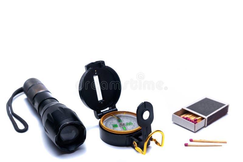 Flashlight, Compass, Matches, Hiking Tools Stock Image - Image of ...