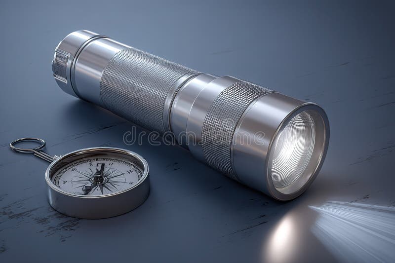Flashlight and Compass on a Polished Surface during Evening Exploration ...