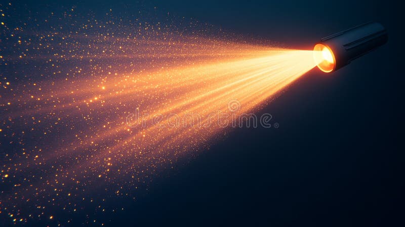 Flashlight Emitting Golden Light Beam with Particles on Dark Background ...