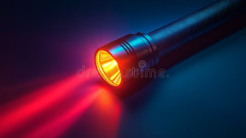 Flashlight Emitting Red and Orange Light Beam in Dark Environment Stock ...