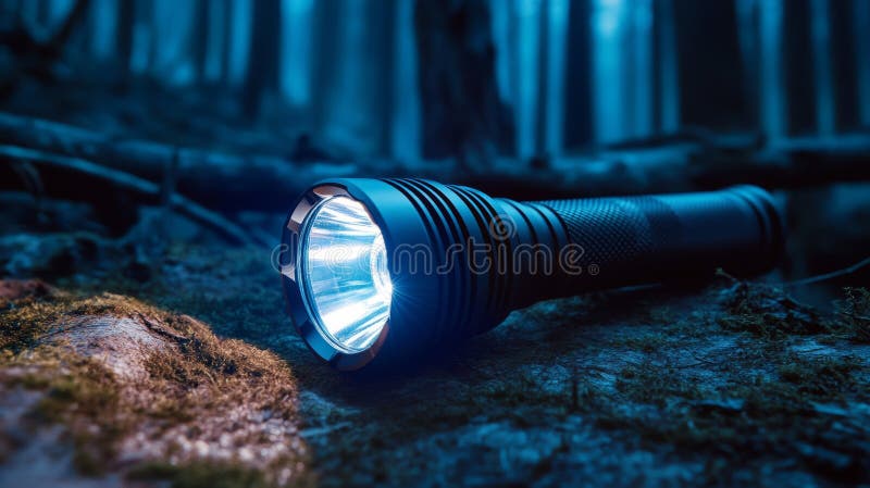 Flashlight on Forest Ground Illuminated at Night, Exploration Concept ...
