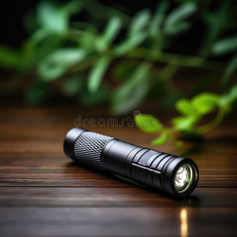 A Flashlight with a Green Leaf on the Table, AI Stock Photo - Image of ...