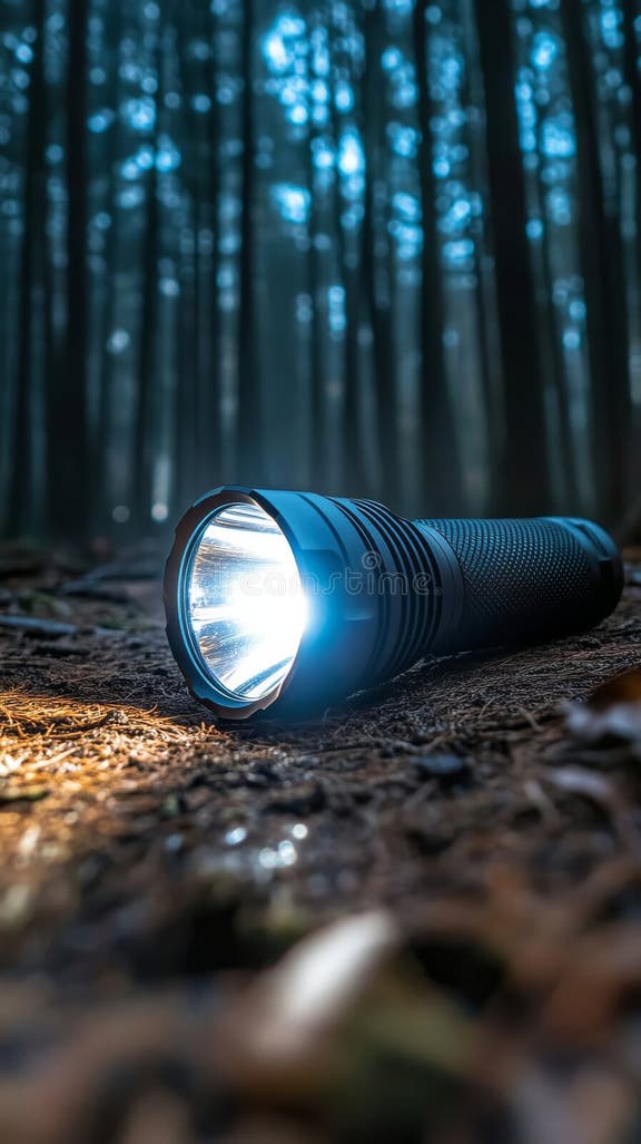 Flashlight Illuminating Forest Floor at Dusk, Exploring Wilderness ...