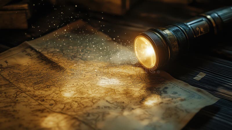 Flashlight Illuminating Vintage Map with Magical Sparkles Stock Photo ...