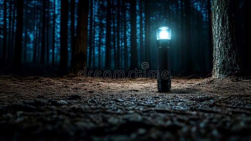 A Flashlight in the Middle of a Dark Forest at Night Stock Image ...