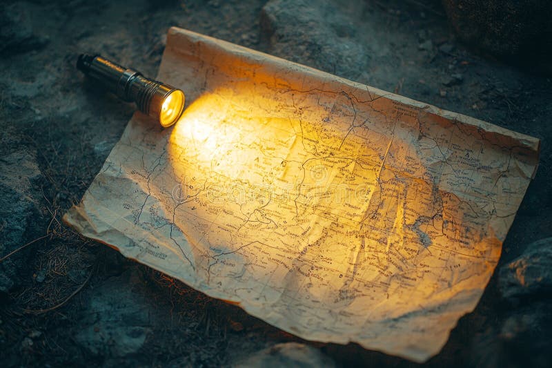 Flashlight Shines on Old Paper Map Laid on Ground Stock Image - Image ...
