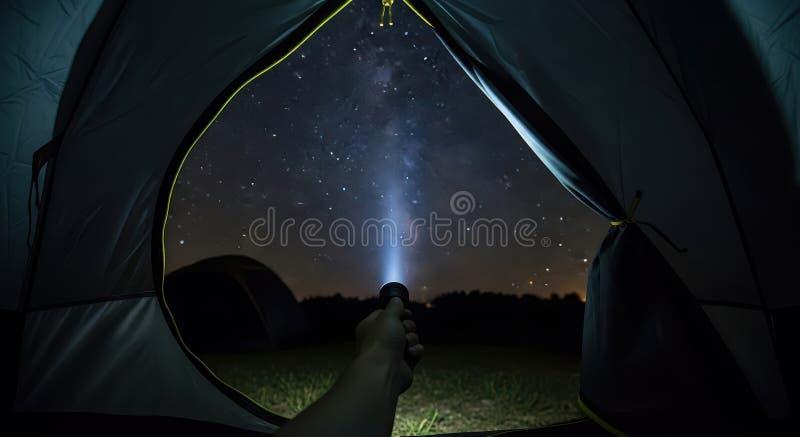 Flashlight Shining at Night Sky from Inside Tent Stock Illustration ...