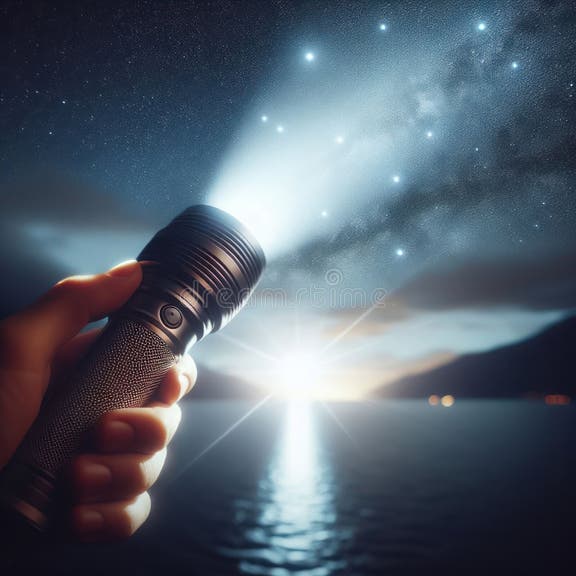 A Flashlight Shining into the Starry Night Sky. Stock Illustration ...