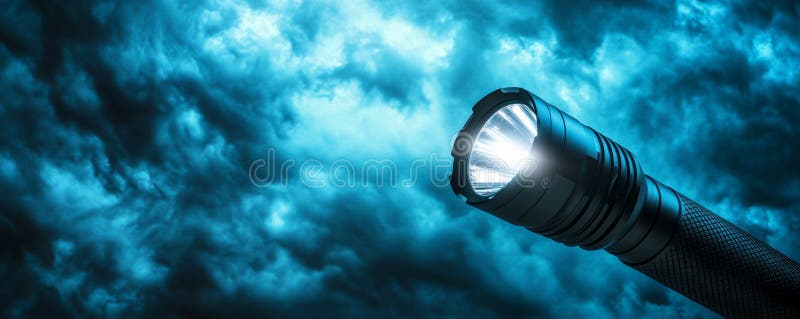 Flashlight Shining in Stormy Night Sky, Dramatic Scene. Adventure and ...