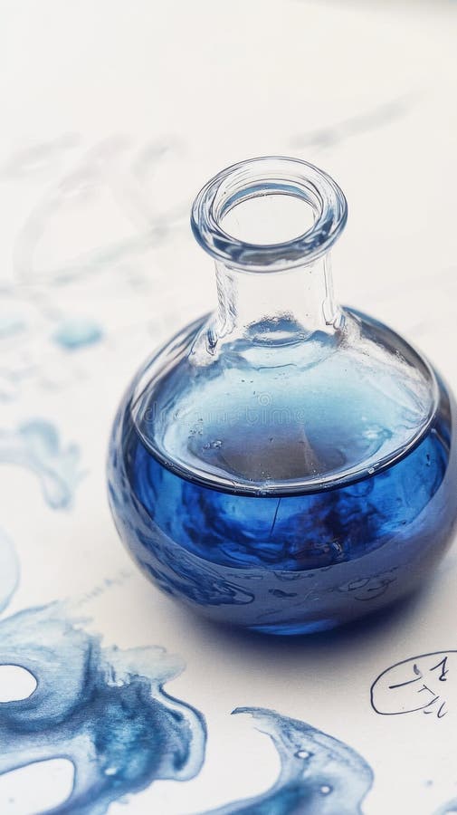 Flask with Blue Liquid and Abstract Blue Stains on Paper Stock Image ...
