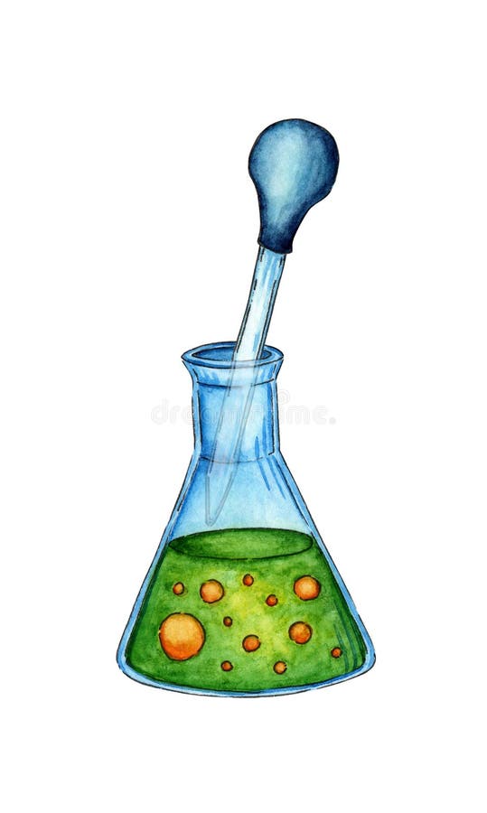 Flask with Green Liquid and Pipette Watercolor Stock Illustration ...