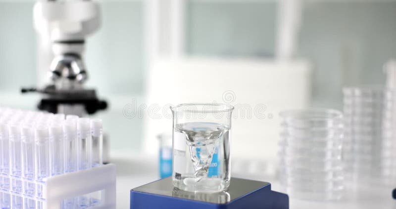 Flask with Stirrer for Liquid with Water in Laboratory Stock Video ...