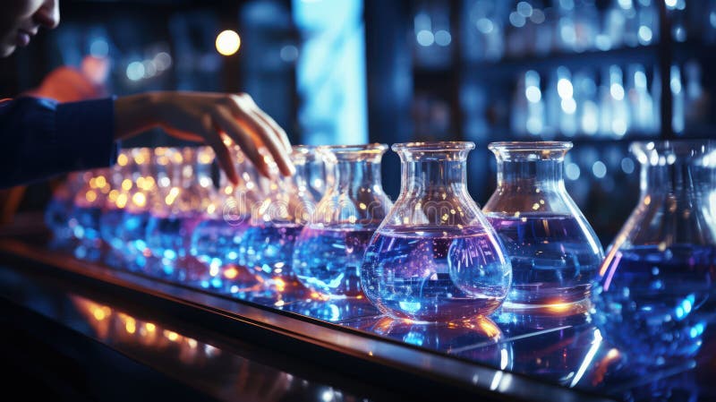 Flasks with Blue Liquid on Lab Bench, Reflecting Vibrant Lights, Suggest High-tech Scientific ...