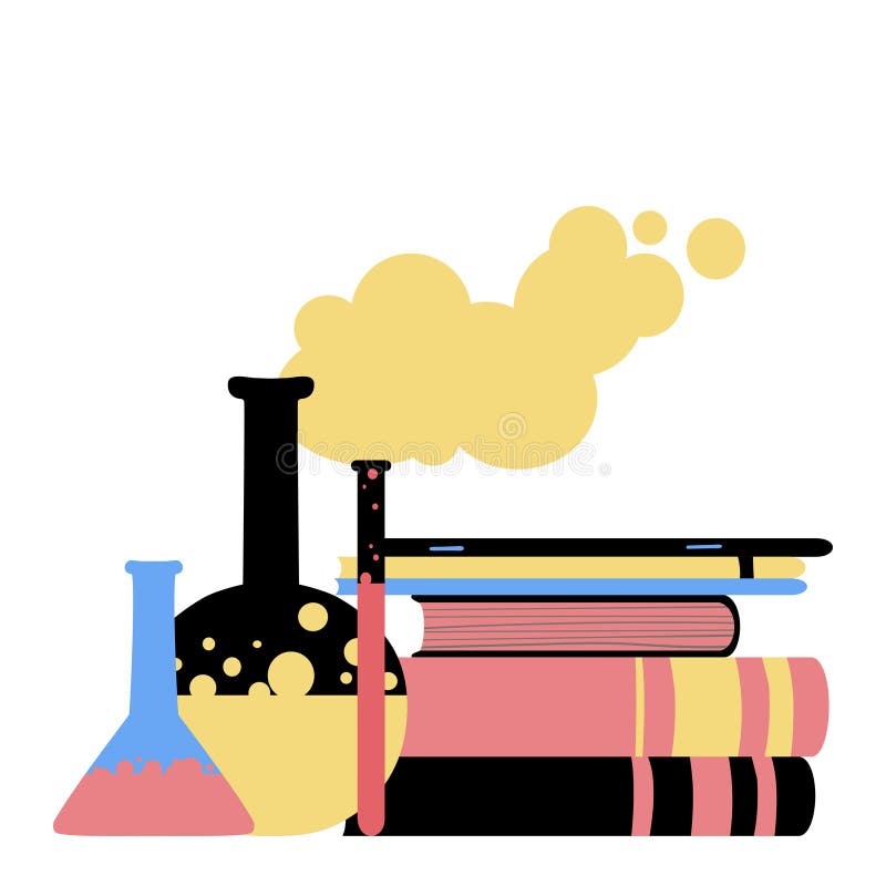 Flasks and Test Tubes with Substances and Reagents. a Stack of Books ...