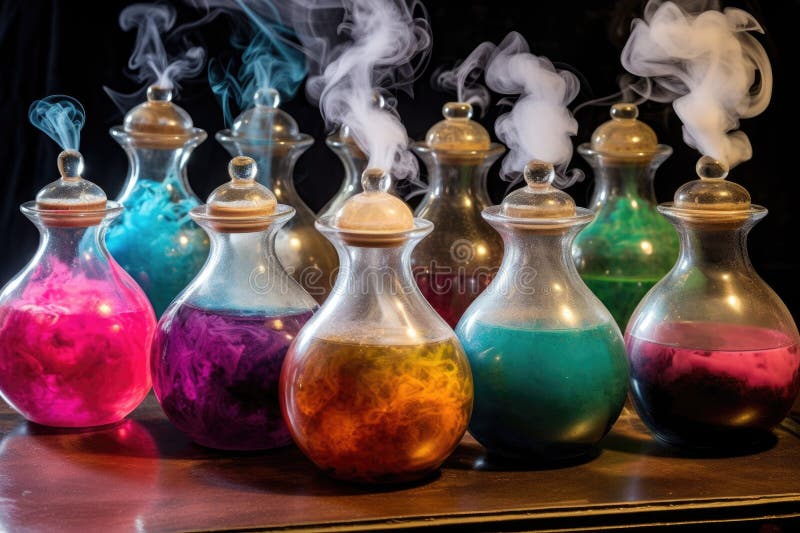 Flasks with Various Chemical Substances Emitting Steam Stock ...
