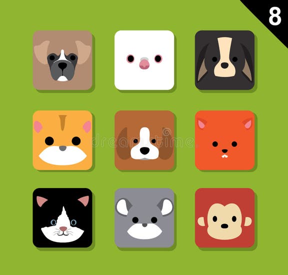 Flat Animal Faces Application Icon Cartoon Vector Set 8 Pet Stock ...