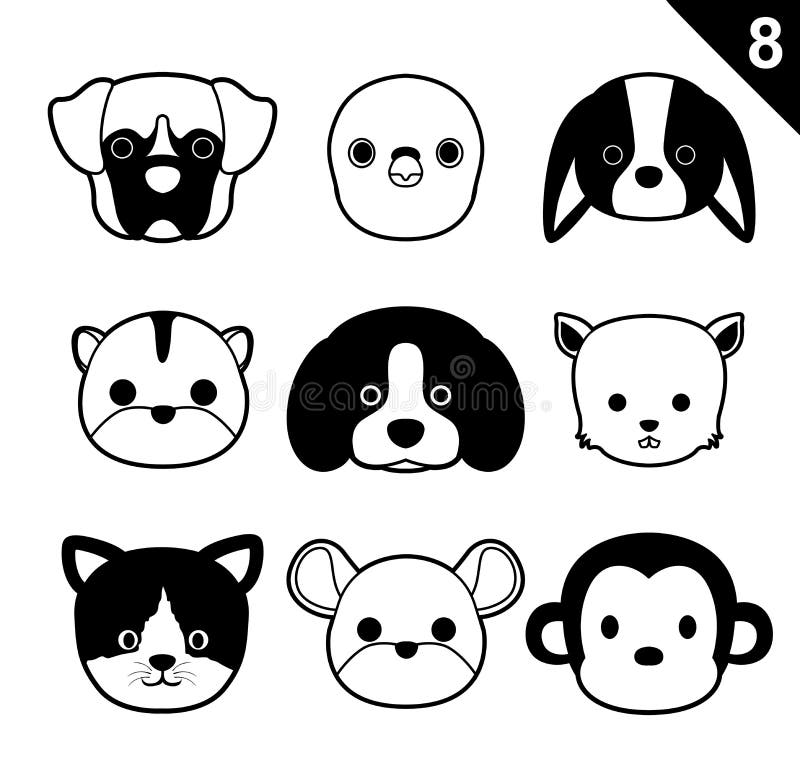 Flat Animal Faces Monochrome Icon Cartoon Vector Set 8 (Pet) Stock ...