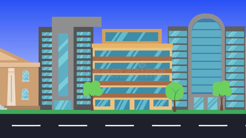 Flat Animation of City Background, Front View of Modern Architectural ...