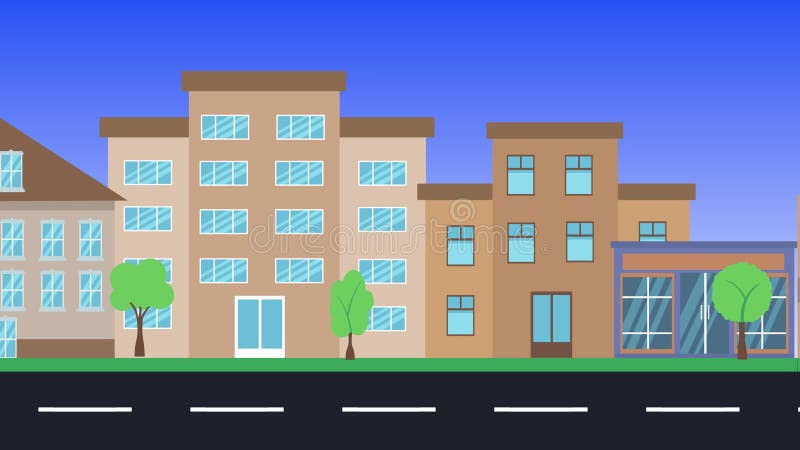 Flat Animation of City Background, Front View of Modern Architectural ...