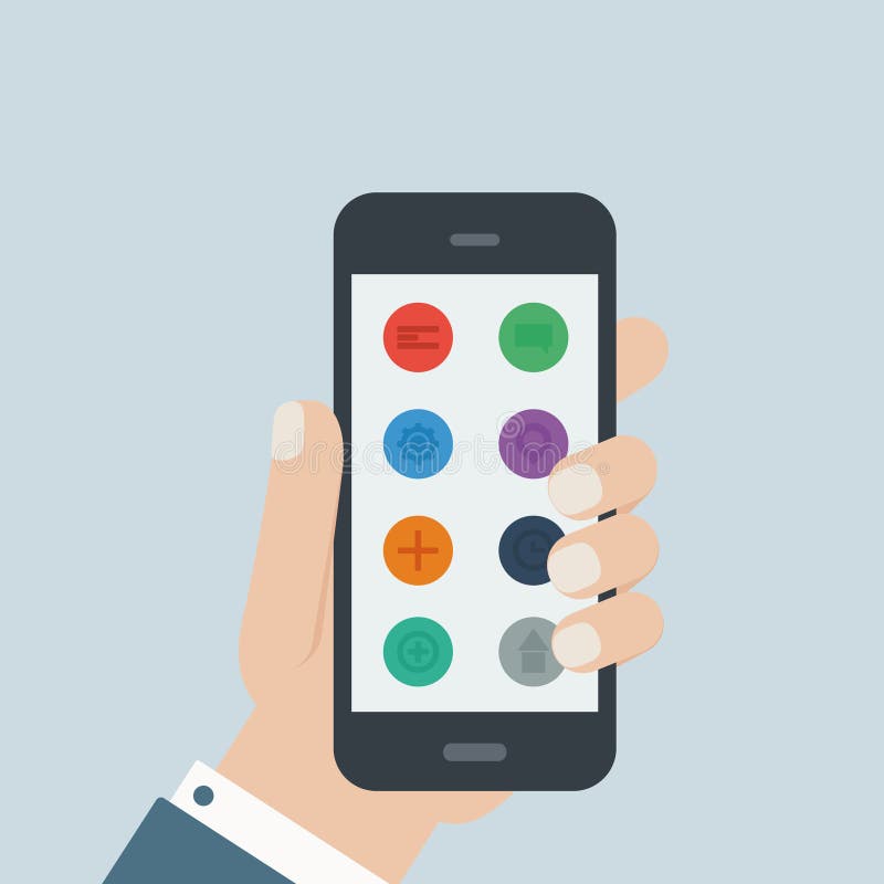 Flat App Phone Hold in Hand Stock Vector - Illustration of screen ...