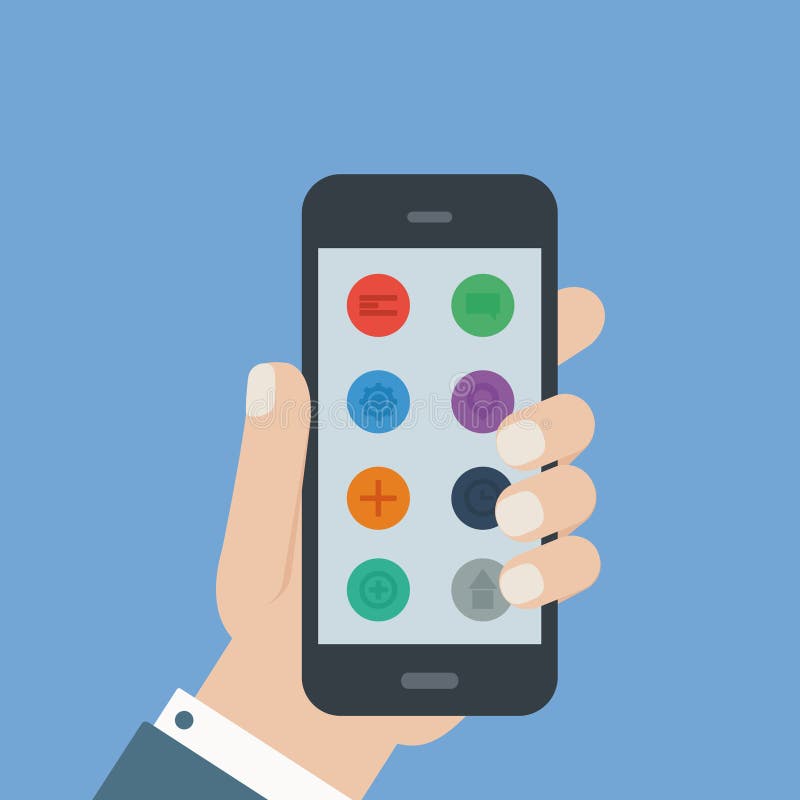 Flat App Phone Hold in Hand Stock Vector - Illustration of social ...